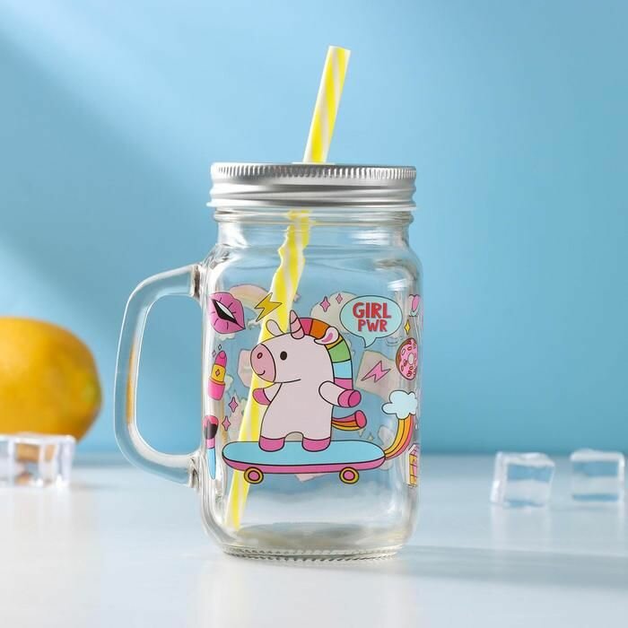 Банка стеклянная Доляна "Единорог", 450 мл, 10х7,5х13 см, с ручкой, крышкой и трубочкой