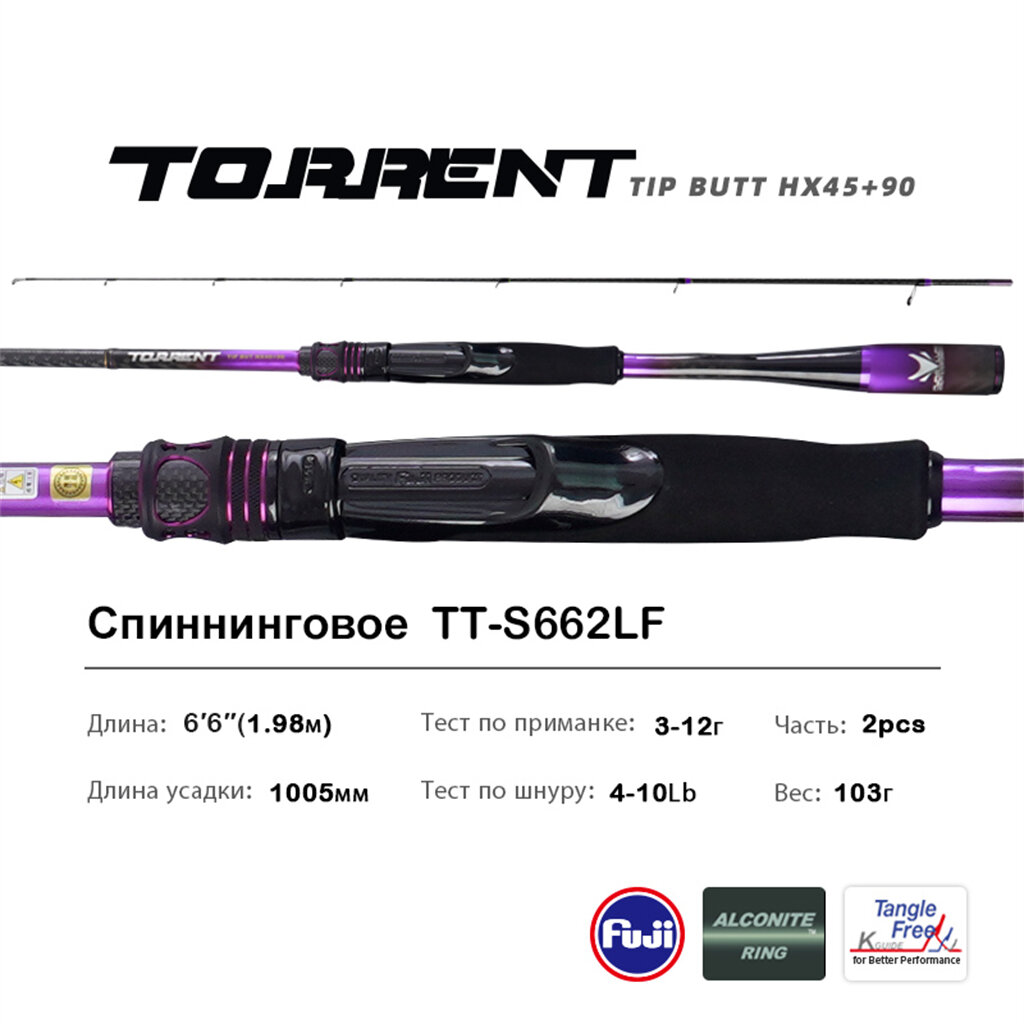 TT-S662LF purple Спиннинг purelure TORRENT рабочая длина: 198см до 12гр — фото 1