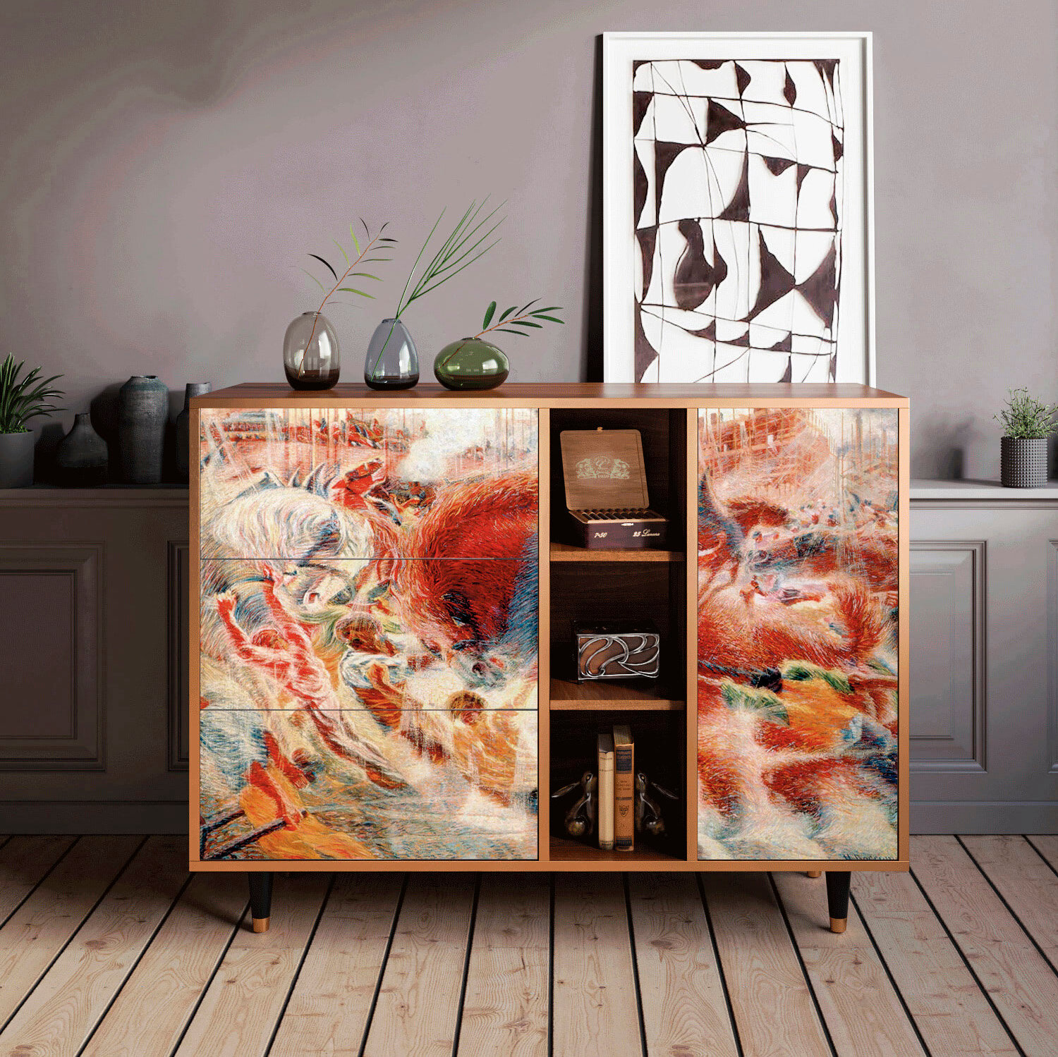 Комод - STORYZ - BS2 The City Rises by Umberto Boccioni, Разер - 125 x 97 x 48 см , Цвет корпуса - Орех