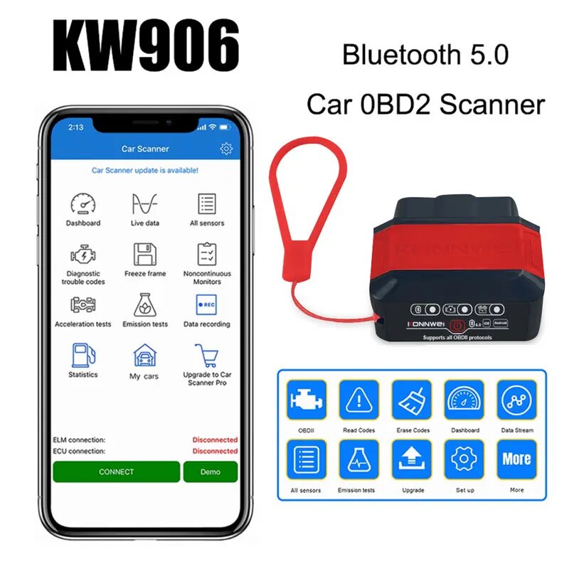 Konnwei KW906 OBD2 сканер Bluetooth 5.0, красный