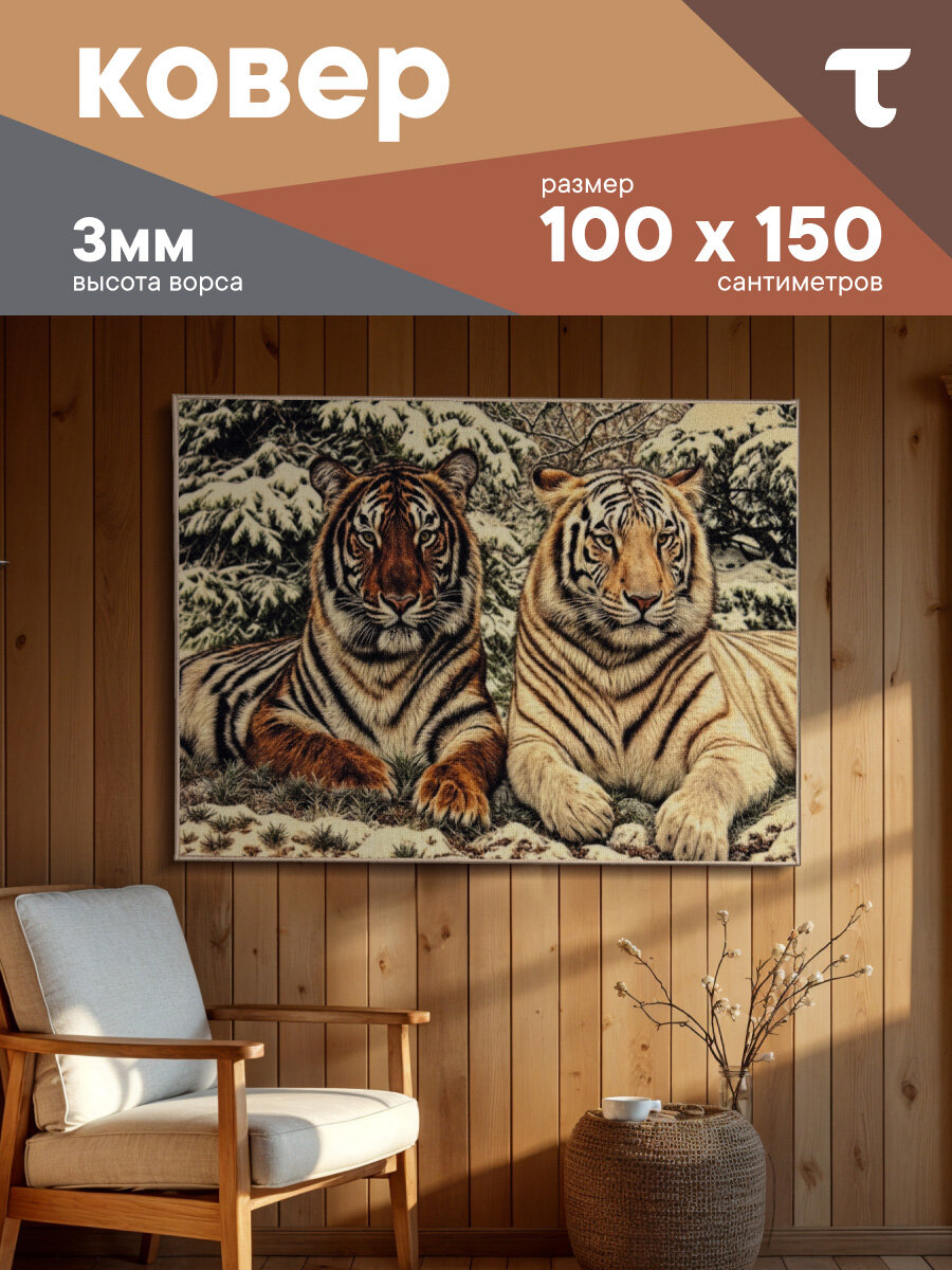 Ковер палас на пол настенный размер: 1,0х1,5 м (100 х 150 см) безворсовый в спальню гостиную на кухню на стену с тиграми