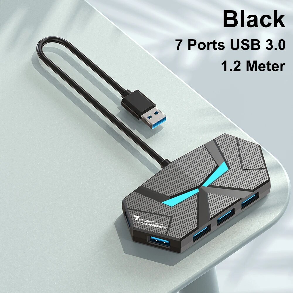 USB 3.0 концентратор 7 портов, черный, 1.2 м