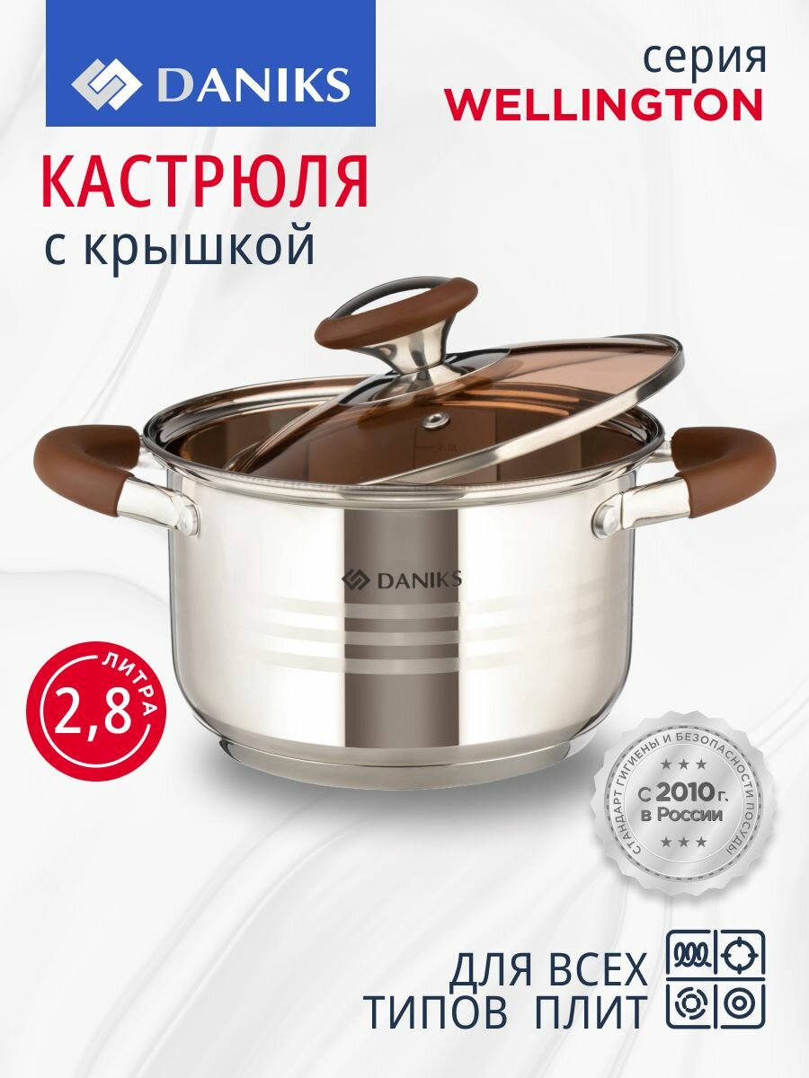 Daniks Кастрюля нержавеющая сталь, 2.8 л, с крышкой, крышка стекло, серебристая, индукция, Веллингтон
