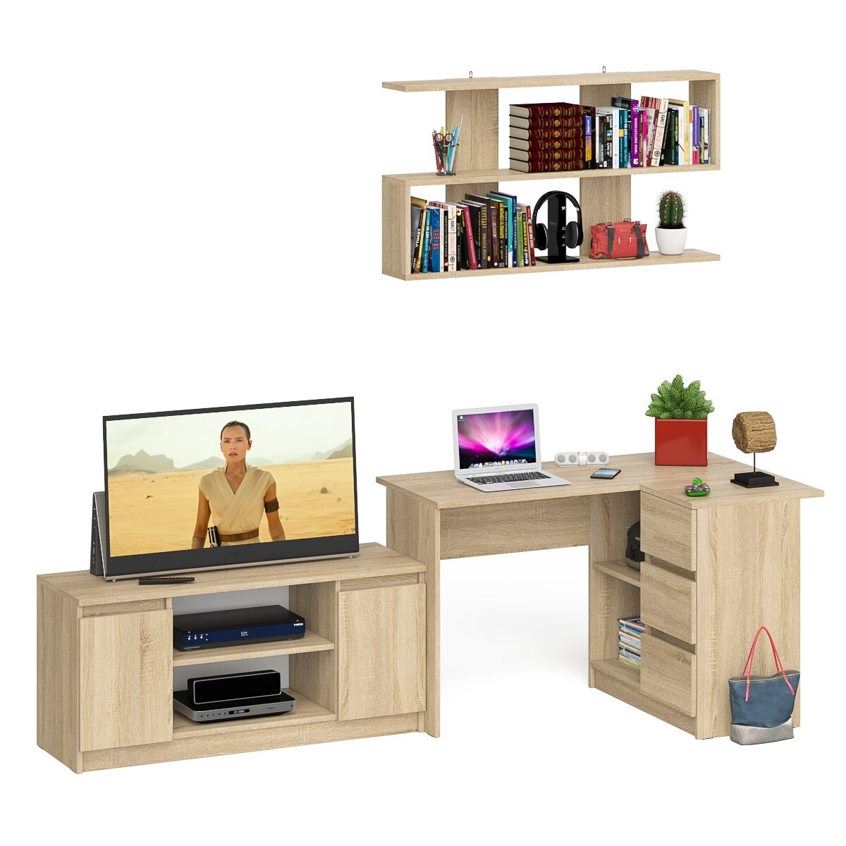 Стол угловой компьютерный Мори МС-16 правый с книжной полкой и ТВ-тумбой МТВ1200.1, дуб сонома, 244,8х84,9х209,6 см.