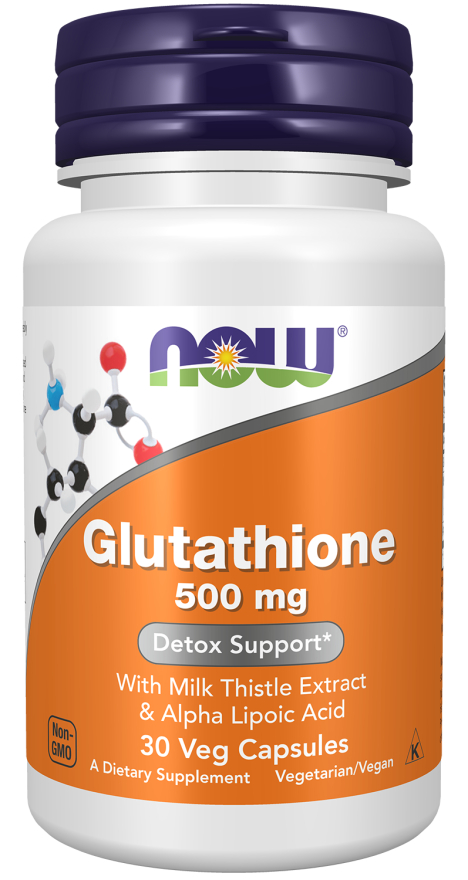 NOW Glutathione 500mg, Глутатион + Расторопша (экстракт) + Альфа-Липоевая кислота, 30 капсул, Аминокислоты для кожи