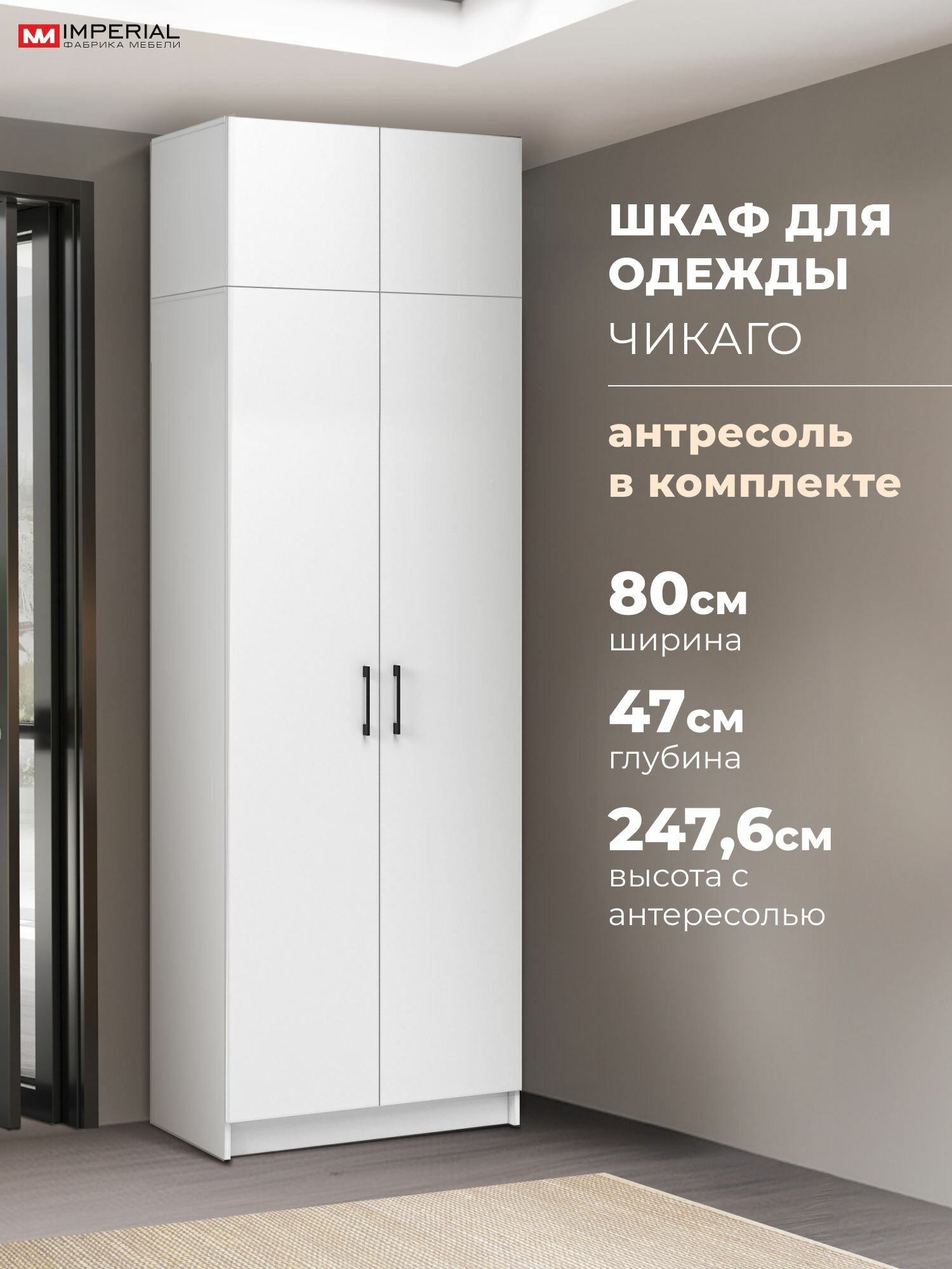 Шкаф распашной для одежды + антресоль Чикаго 2д мебель для спальни, белый