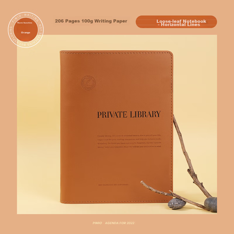 PIMIO Elementary School Student Diary P507, Reading Notebook, A5 Loose-Leaf Notebook, Copybook, High-Quality Fixed-Page Notebook, Gift Box Set, Warm Orange - Ruled Lines