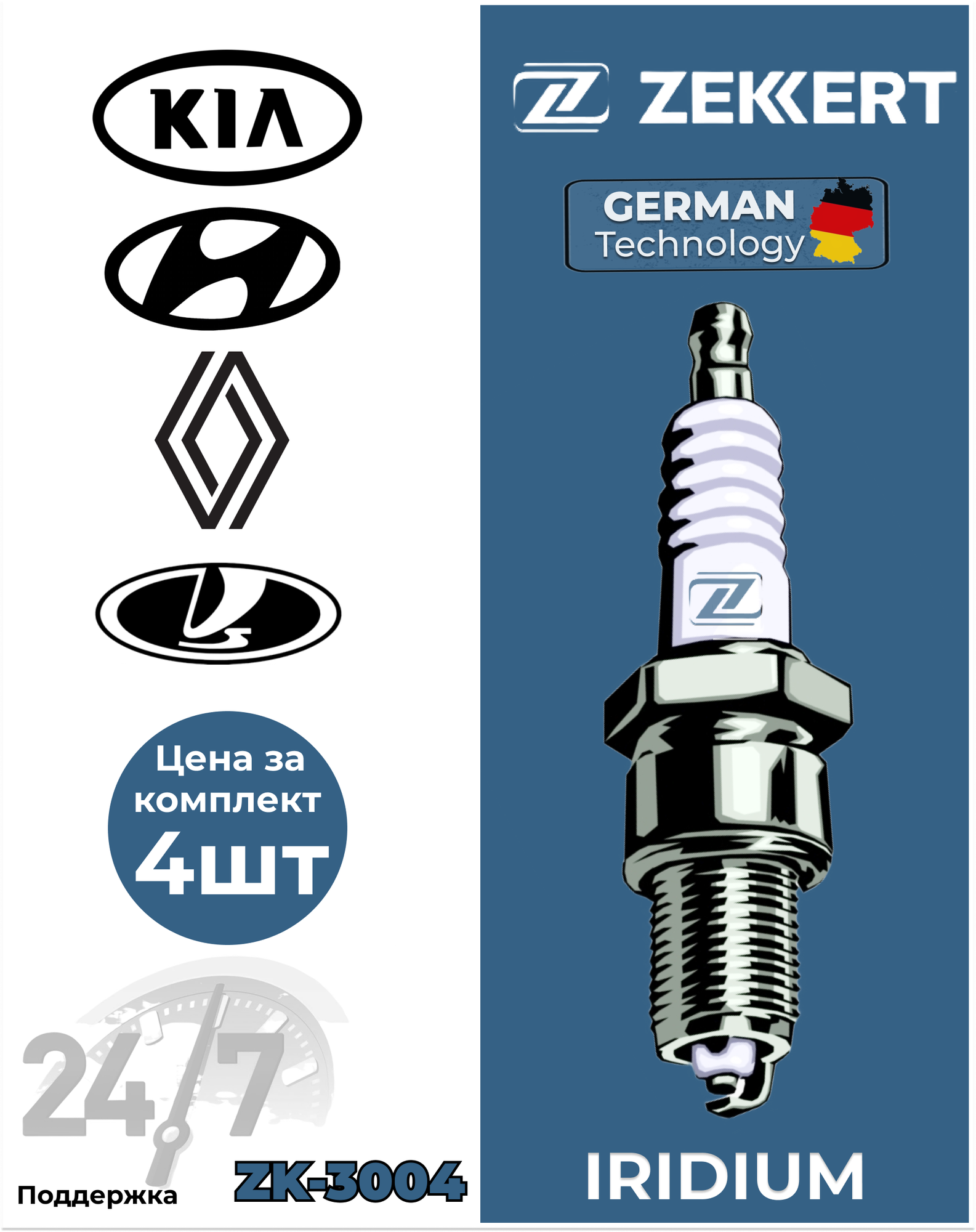 Свечи зажигания иридиевые Zekkert (Германия) иридиевые для Lada Granta, Лада Гранта Ларгус Веста Renault Duster, Рено Дастер, Skoda Octavia, Шкода Октавиа