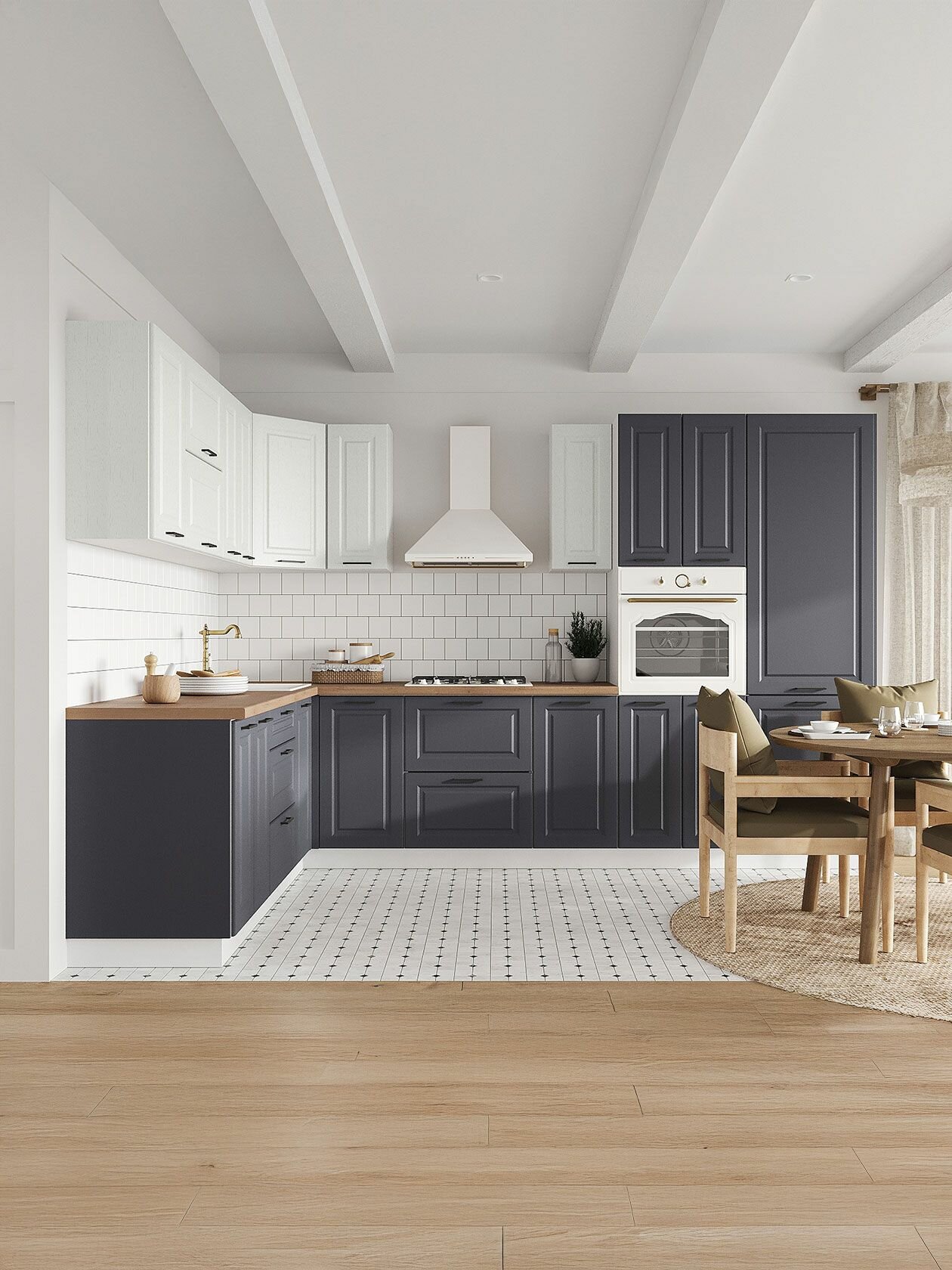 Кухонный гарнитур угловой Шервуд 3.2х2.2 м, мебель для дома и кухни, Белый / Арктик / Шато индиго