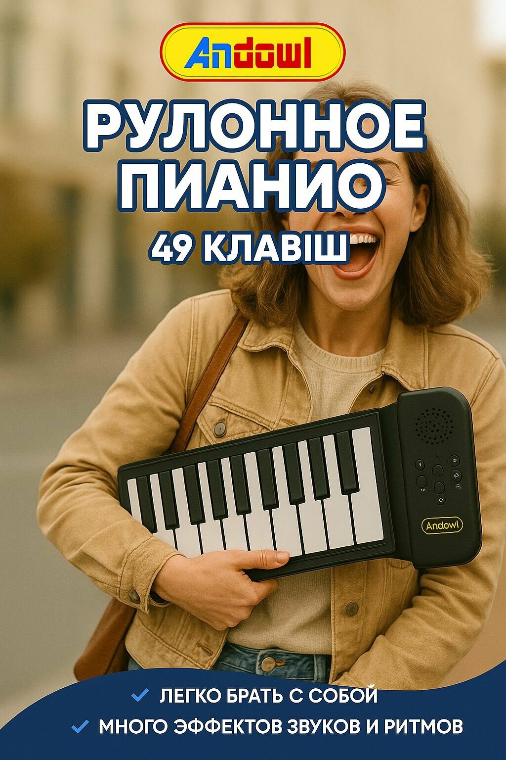 Рулонный синтезатор 49 клавиш, компактное пианино Andowl