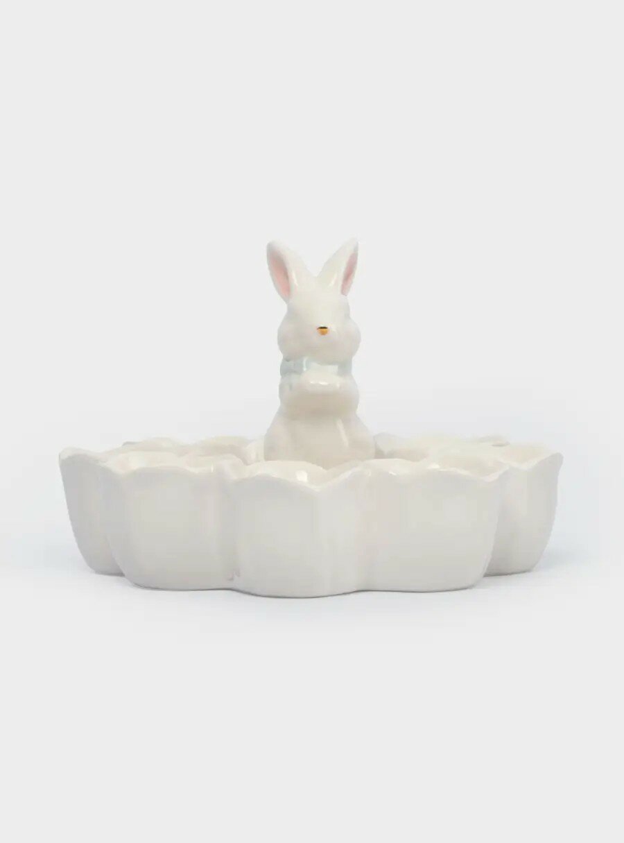 Блюдо пасхальное, 18✕12 см, 8 отд, керамика, молочно-золотистое, Кролик в цветах, White Rabbit (Anna Lafarg)