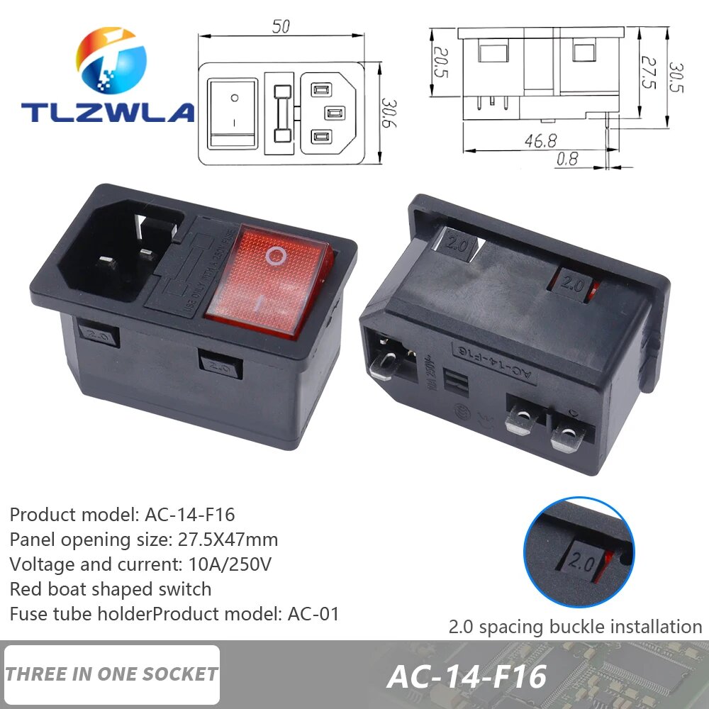 Выключатель сетевой AC-14-F16, 10A/250V, красный, 2.0mm KCD4 AC-01