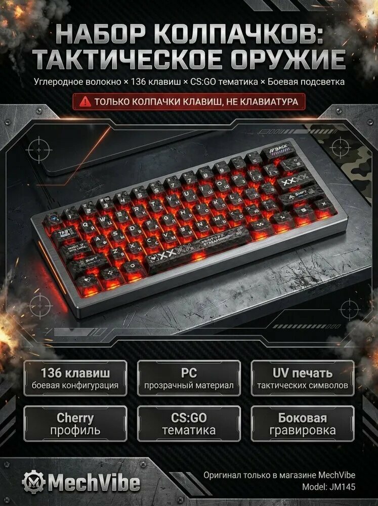 Кейкапы для механической клавиатуры (Keycaps), Карбоновые Прозрачные (CS: GO Carbon), 136 клавиш, Русская Раскладка, Для Wooting 60HE/80HE / Aula F75 (75%)