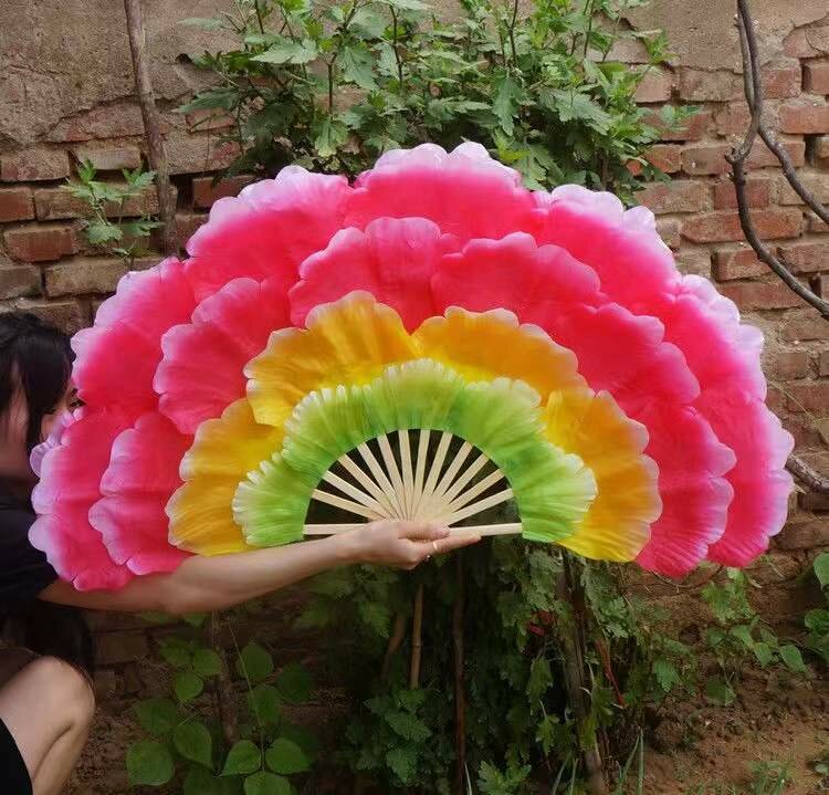 Оптовая продажа веера с лепестками пиона, двусторонний веер для танца, большой веер с лепестками, квадратный веер для танца Янко