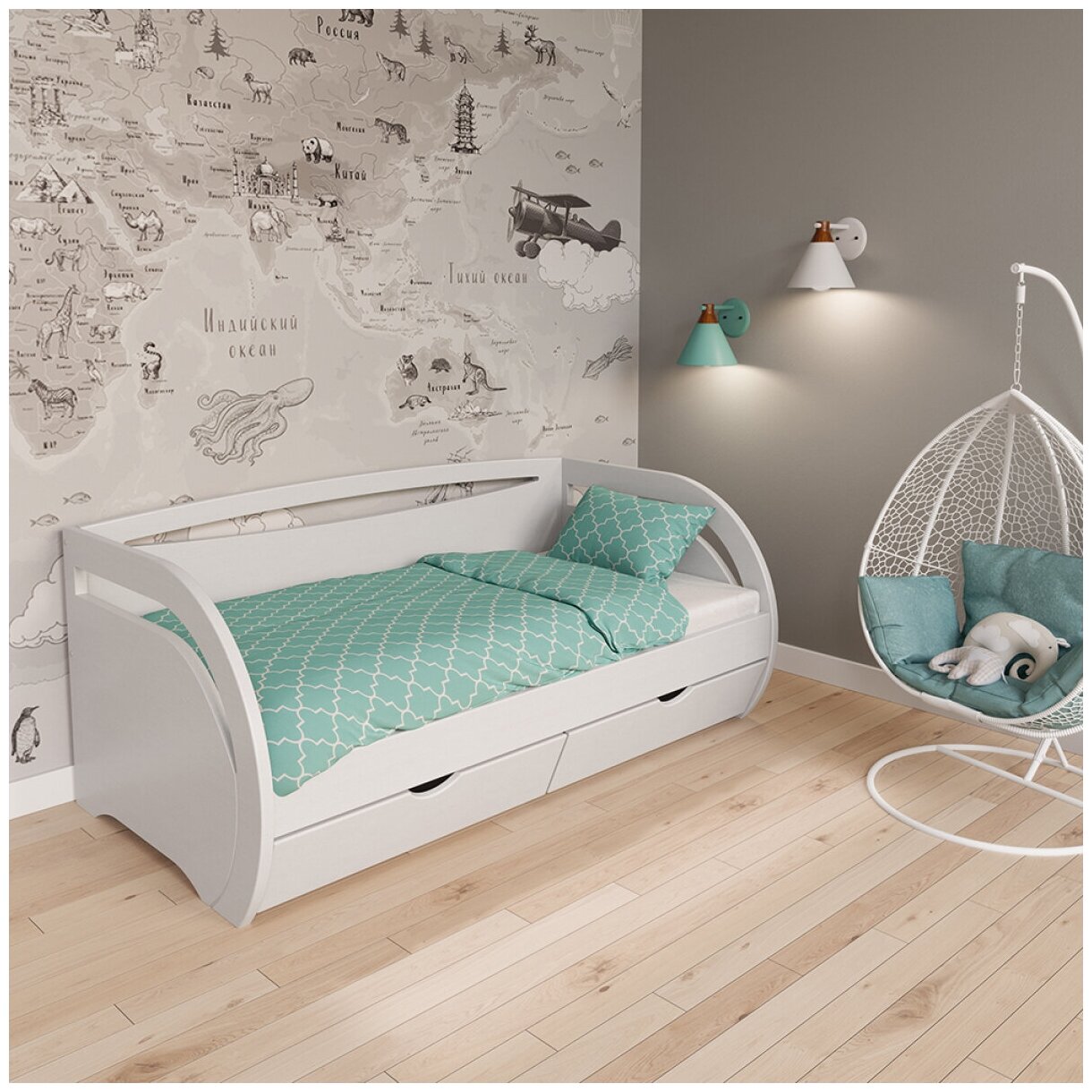 Детская деревянная кровать Торис 90х190 беленый дуб с ящиками на направляющих