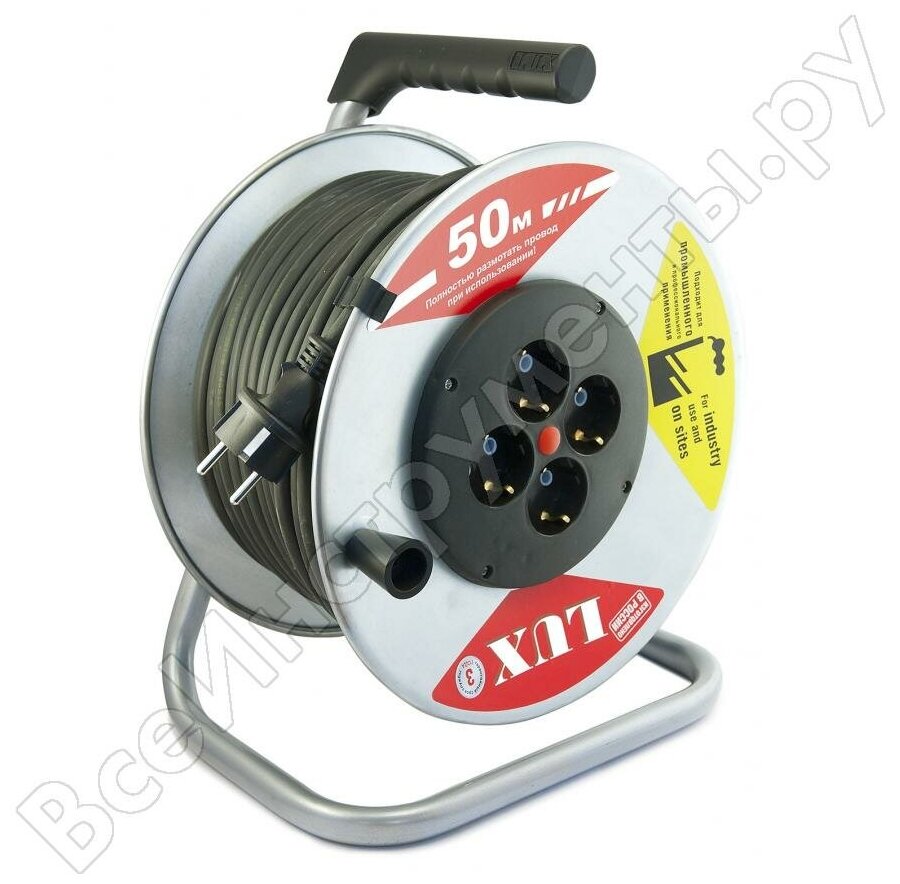 Силовой удлинитель на металлической катушке LUX К4-Е-50 50м 4 розетки с з/к 45150 4606400419471