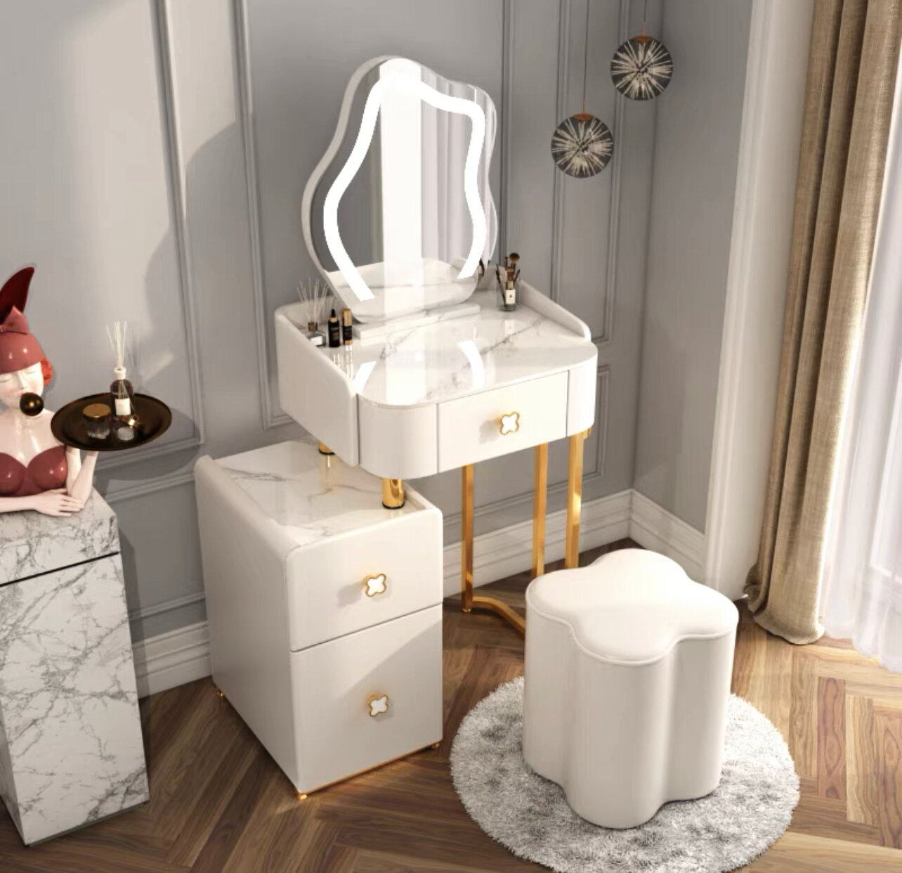 Туалетный столик Gladys (Комплект стол 50см + зеркало с подсветкой + пуф / цвет белый)