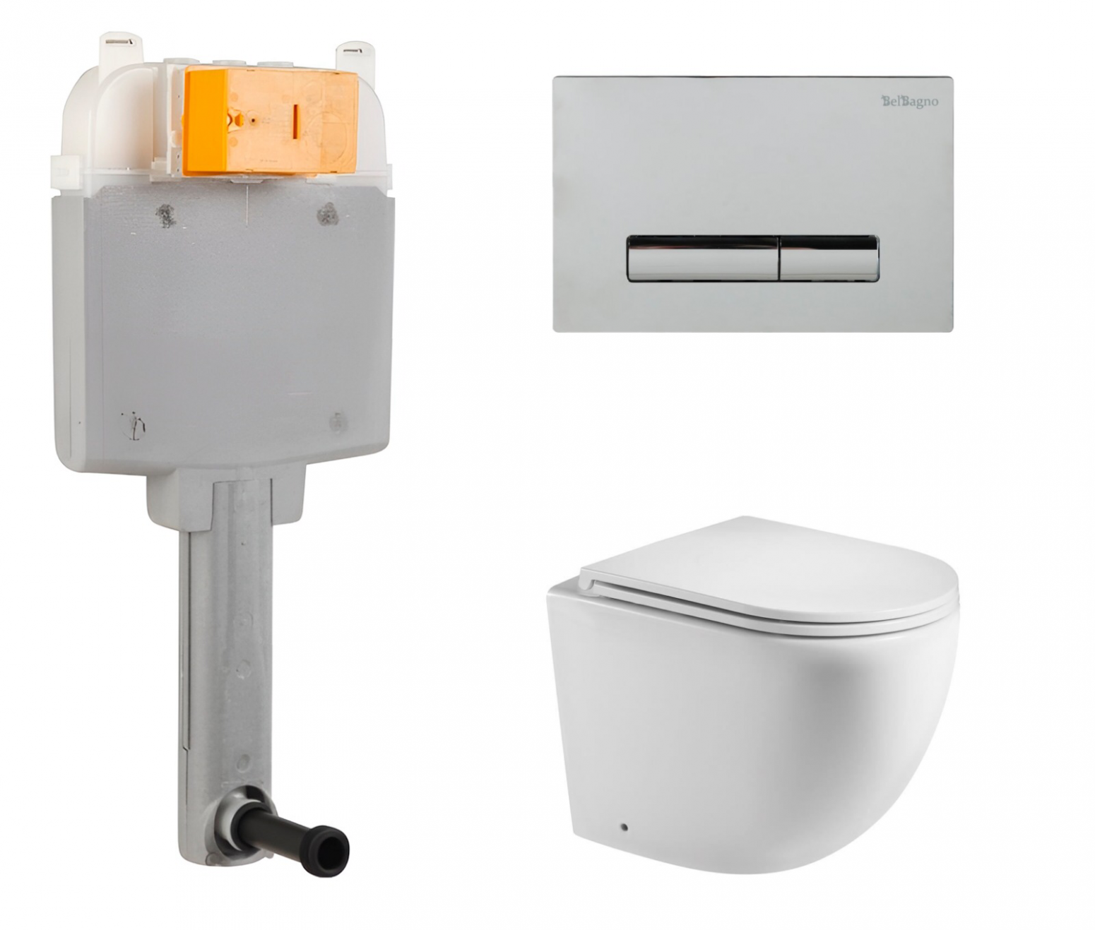 Комплект 3 в 1 смывной бачок скрытого монтажа BelBagno BB025-CS + Приставной унитаз WeltWasser Merzbach 002 GL-WT с кнопкой хром Genova