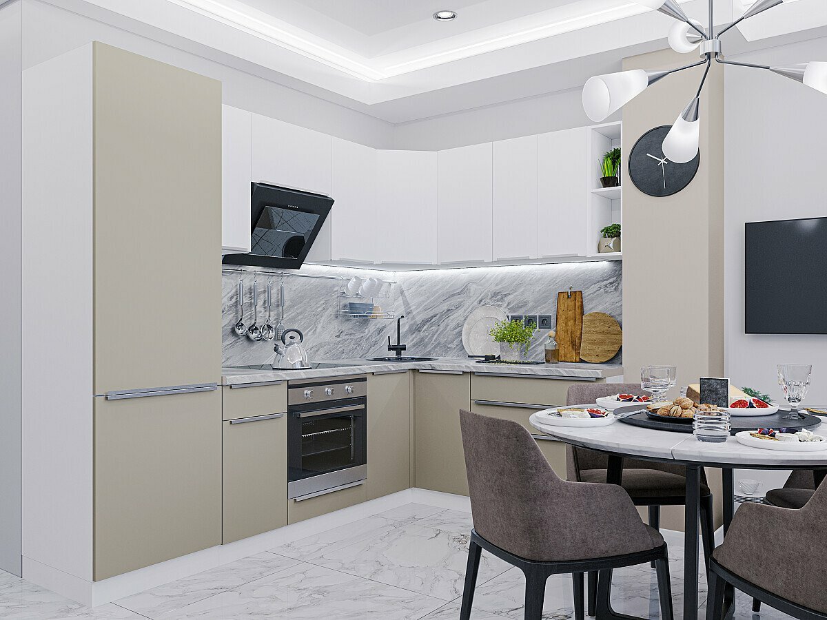 Кухня Фьюжн-04, цвет фасада Silky Grey/Silky White, цвет каркаса Белый, 2140*2500/1800*600 мм