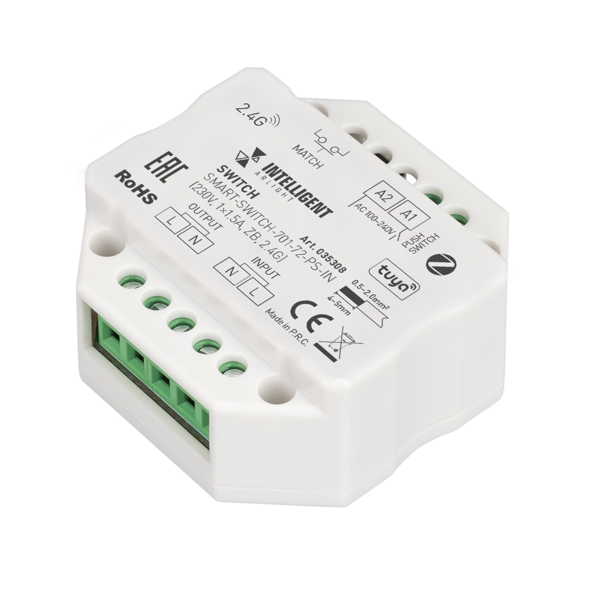 Релейный модуль Arlight INTELLIGENT ARLIGHT Релейный модуль SMART-SWITCH-701-72-PS-IN (230V, 1x1.5A, ZB, 2.4G) (IARL, Пластик)