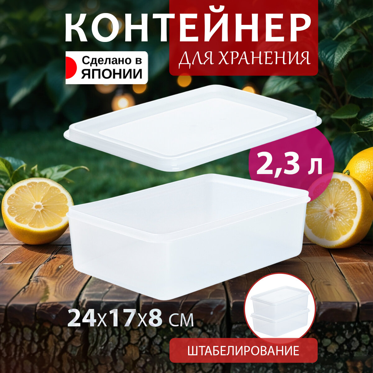 Контейнер для еды герметичный пластиковый с крышкой 2,3 л 24х17х8 см