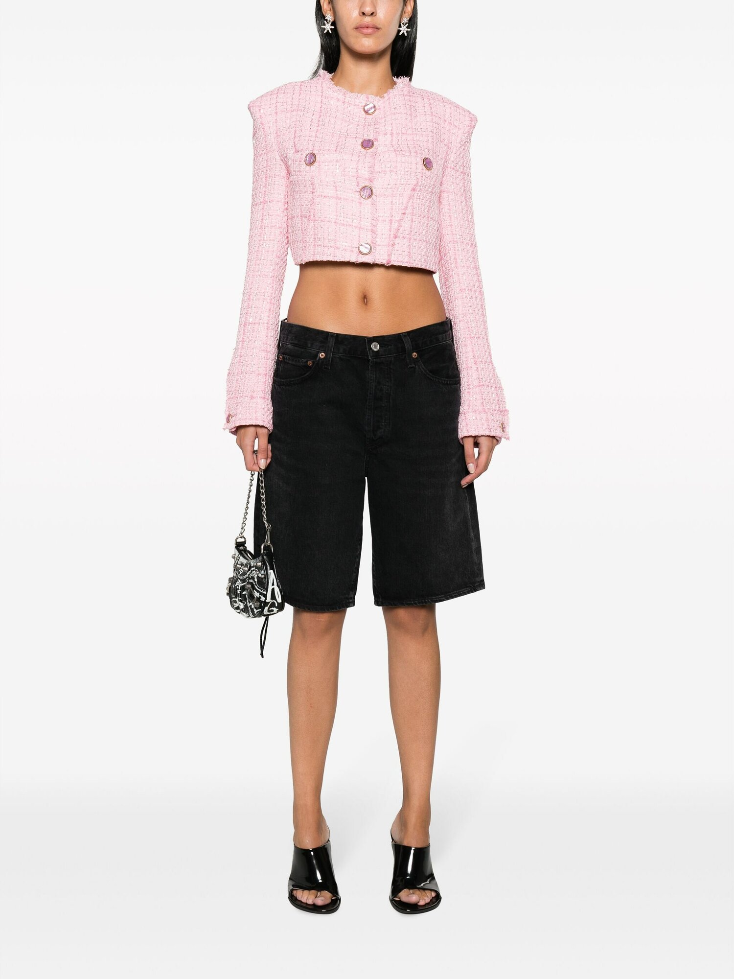 Куртка GCDS Button-up cropped tweed jacket, размер 40, pink — фото 1