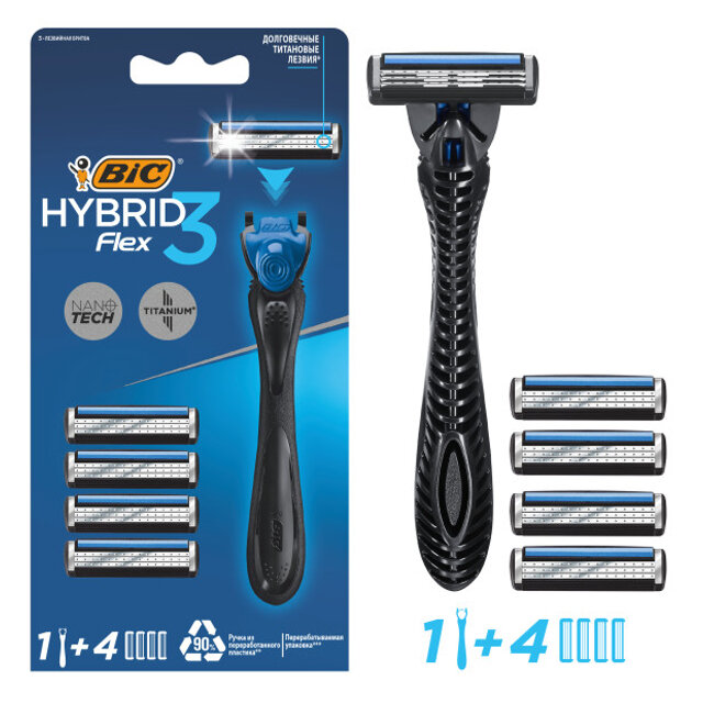 BIC Flex 3 Hybrid станок для бритья с набором из 4 сменных кассет - удобное точное бритье