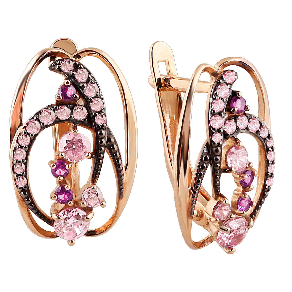 Серьги двусторонние, красное золото, 585 проба, фианит