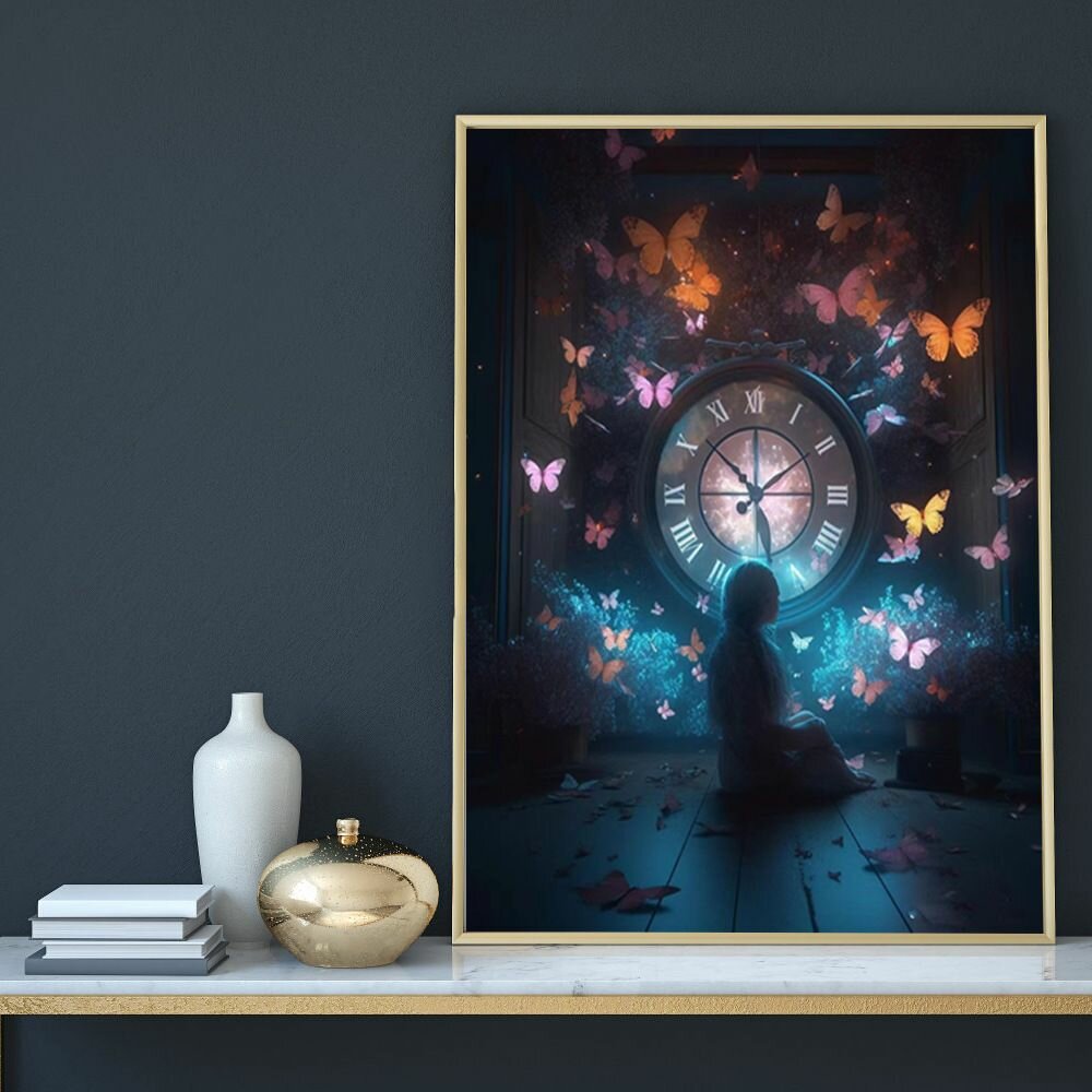 Алмазная мозаика для девочки 30х40 с бабочками и часами – набор для творчества и декора
