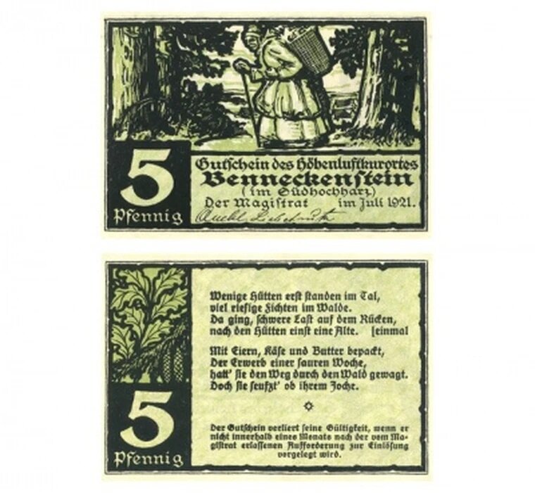 Германия 5 пфеннигов 1921 Беннекенштайн, сувенирная копия нотгельда, банкноты и купюры редкие коллекционные