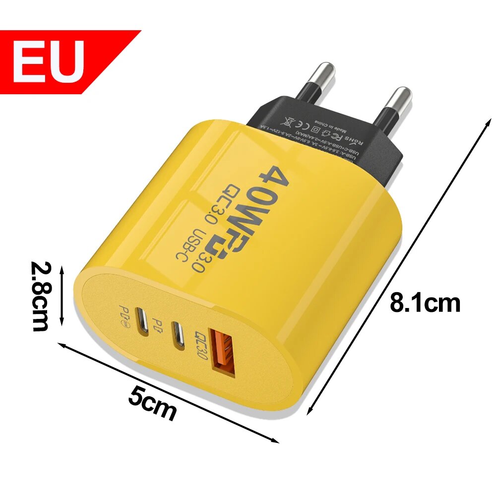 3-портовый адаптер для зарядки мобильного телефона, двойное быстрое зарядное устройство Type-C для ноутбука iPhone15 Pro/Max, Samsung USB-A, 40 Вт, QC3.0 для Android Yellow-EU Charger