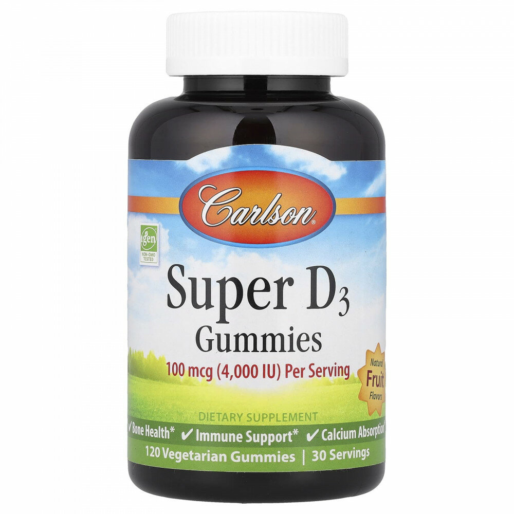 Carlson, Super D3, жевательные мармеладки, натуральные фрукты, 120 вегетарианских жевательных мармеладок (25 мкг (1000 МЕ) в жевательной таблетке)