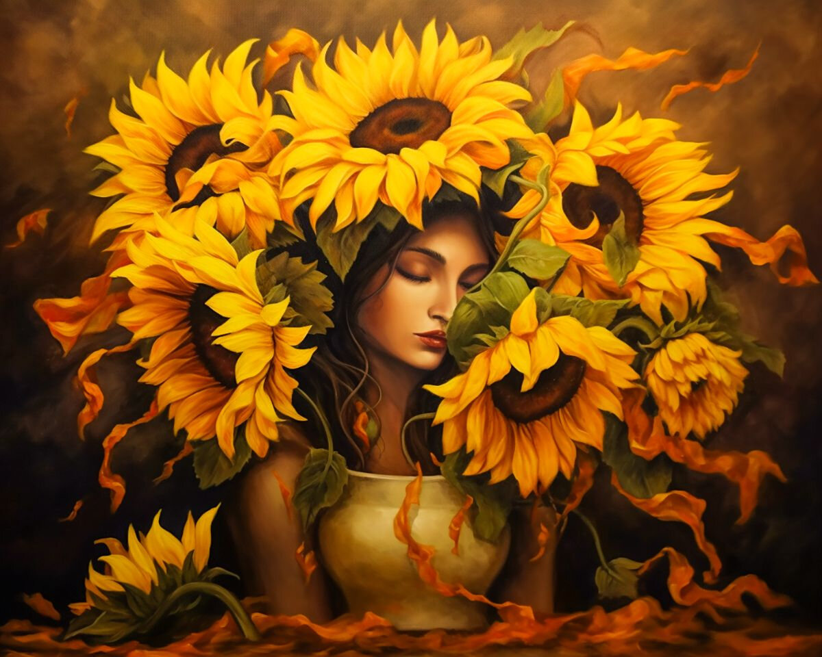 Картина по номерам девушка в подсолнухах 40х50