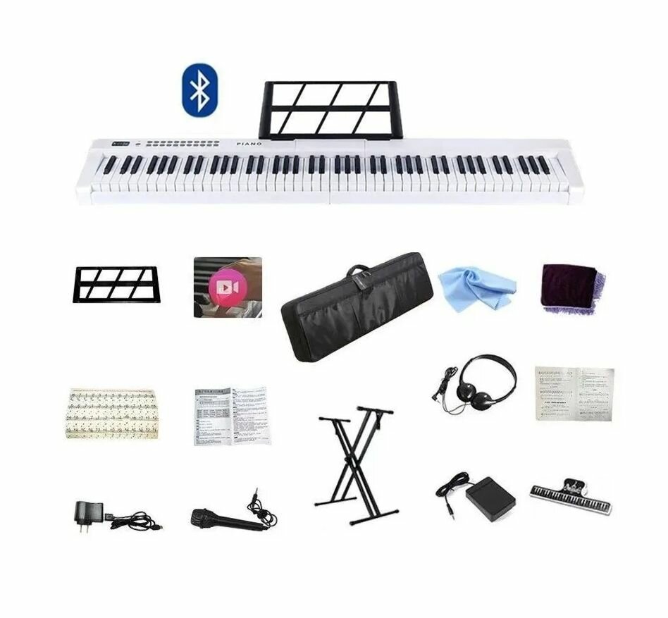 Цифровое фортепиано,88 клавиш Многофункциональное электрическое пианино с Bluetooth+Кронштейн, лучшие художественные подарки, Белый-1