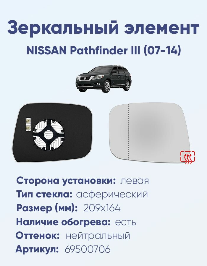 Зеркальный элемент левый NISSAN Pathfinder III (07-14) асферика нейтральный с обогревом