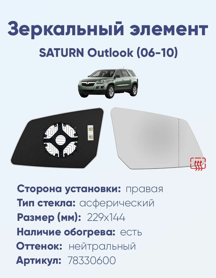 Зеркальный элемент правый SATURN Outlook (06-10) асферика нейтральный с обогревом