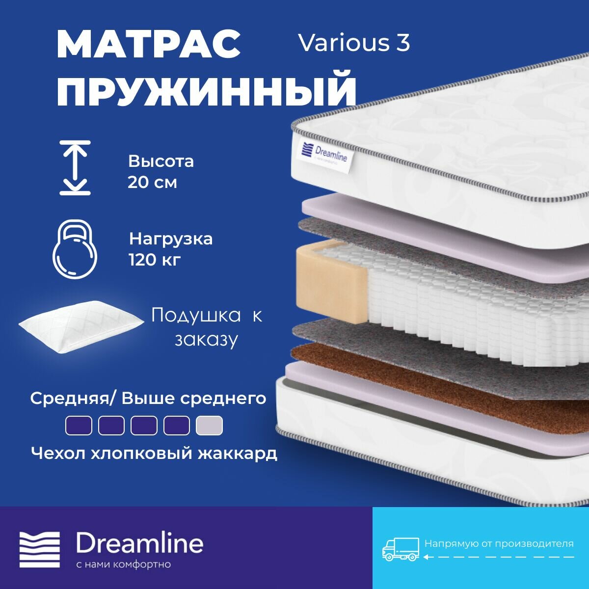Матрас Dreamline Various 3 80х190 анатомический средней жесткости кокосовый Независимые пружины высота 20 см