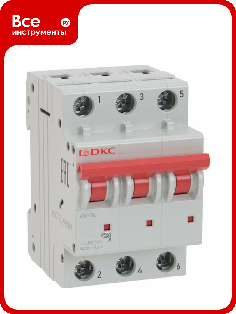Автоматический модульный выключатель DKC YON MD63 3P 6А C 10kA MD63-3C6-10, номиналом