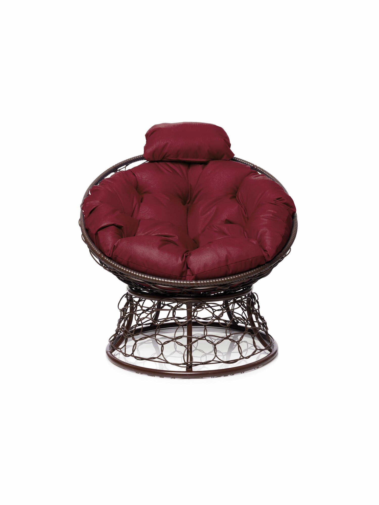 Кресло "Папасан мини" коричневое с бордовой подушкой