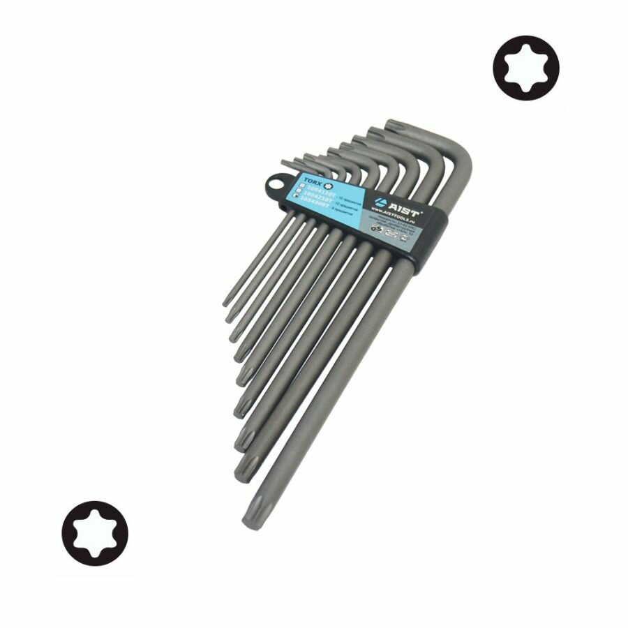 Набор ключей имбусовых Г-образных TORX T10-T50 экстра удлиненных 9 пр. AIST 1054309T набор шестигранников торкс звездочек 6-ть лучей Т10-Т50
