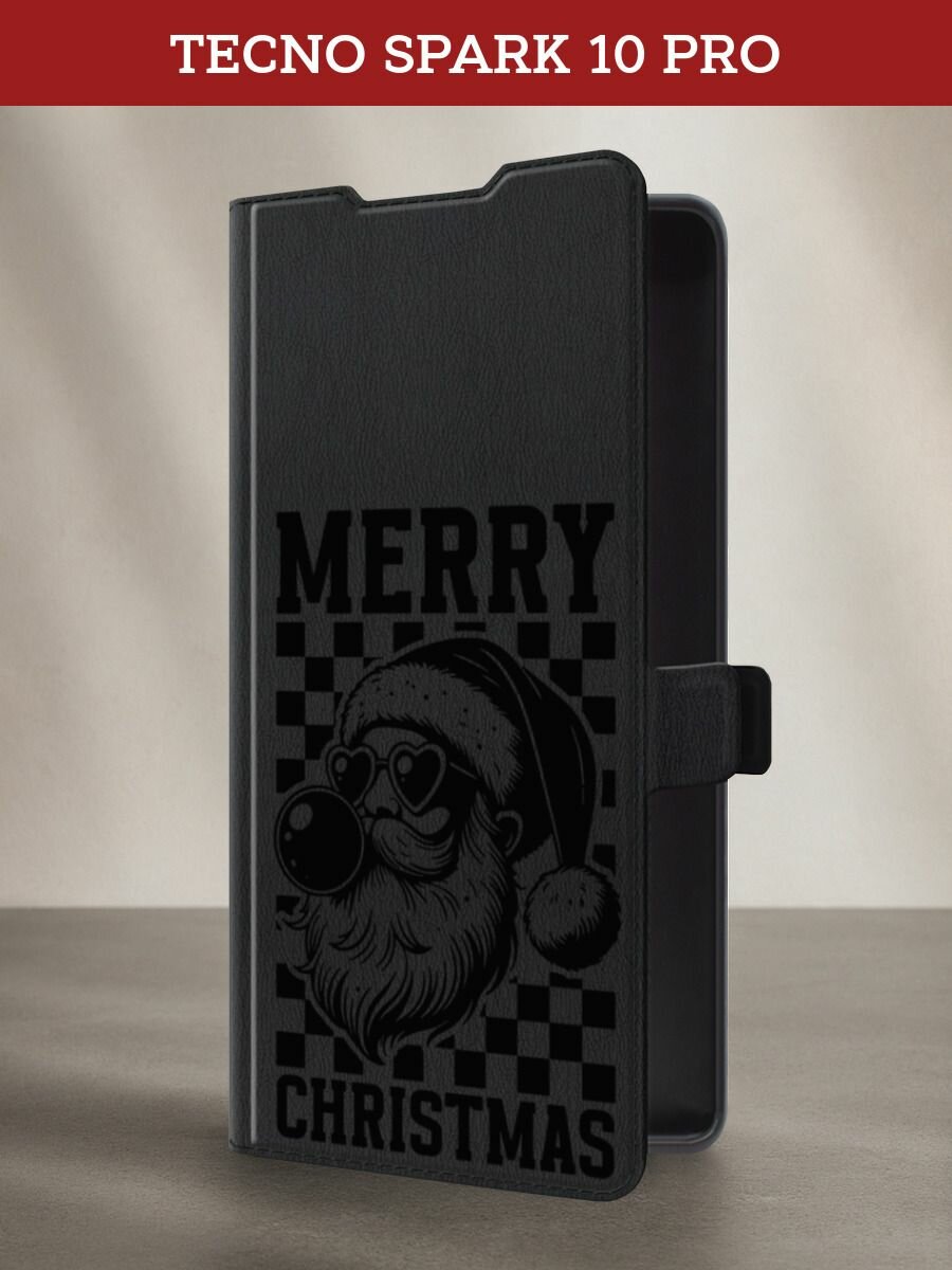 Чехол-книжка на Tecno Spark 10 Pro / Техно Спарк10 Про с рисунком Крутой санта, черный