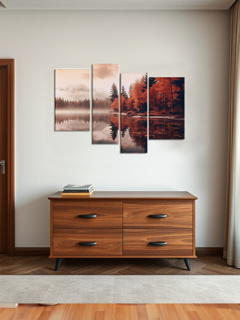 Картина модульная 140х100 см на натуральном холсте для интерьера/ Осень на озере, Diva Kartina