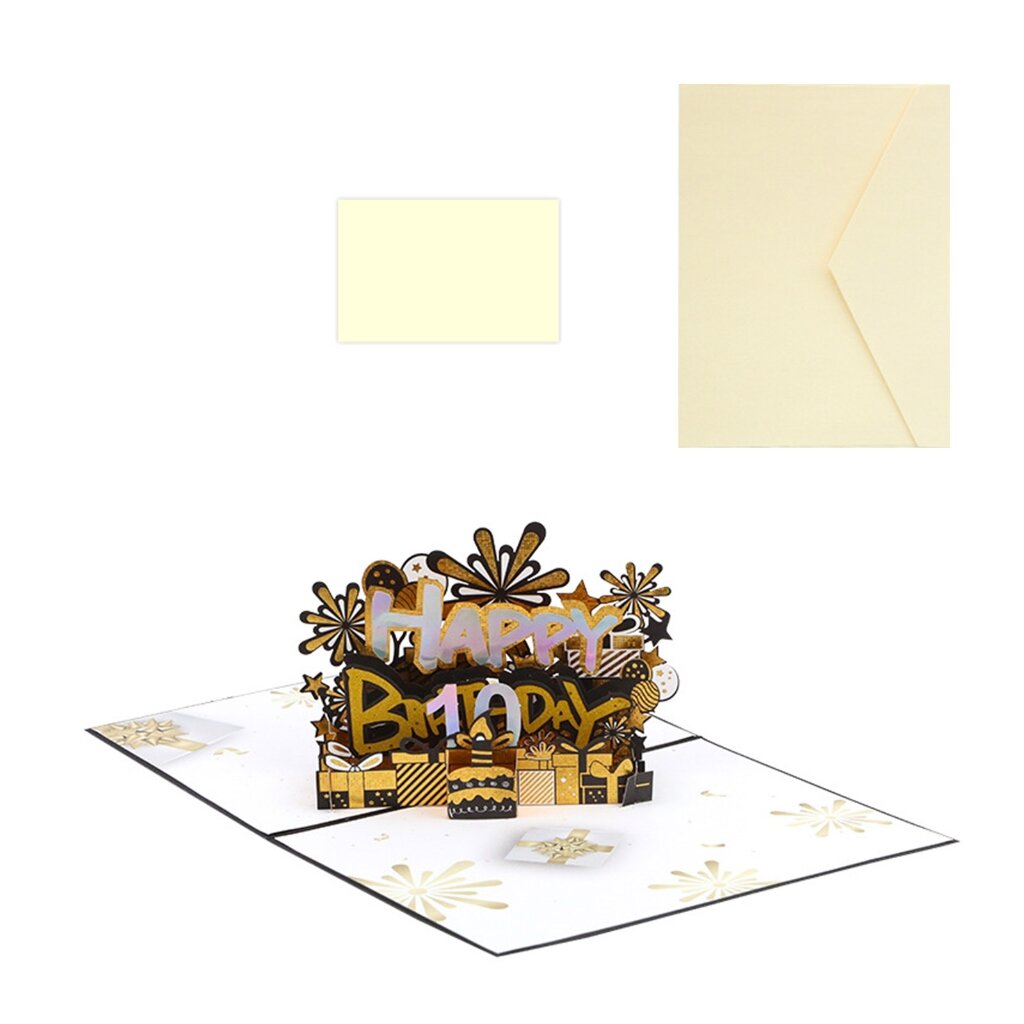 Элегантная Черно-Золотая Открытка с Тортом на День Рождения Нежная Всплывающая Открытка на День Рождения с Рисунком Торта и Свечей для Поздравления