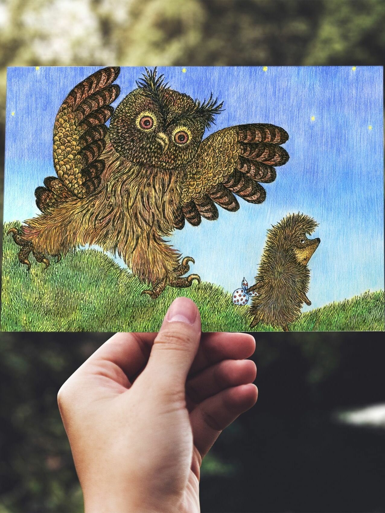 Открытка поздравительная с конвертом Ежик в тумане. Открытка для посткроссинга Ежик и сова