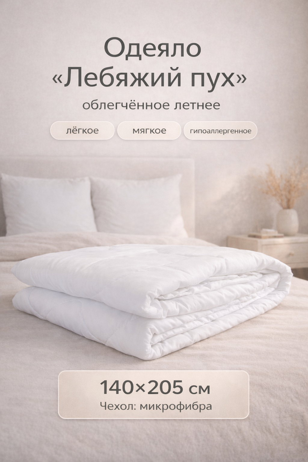 Одеяло Эльф 140x205 летнее, лебяжий пух искусственный, микрофибра, мягкое, гипоаллергенное, лёгкое, для дома и дачи