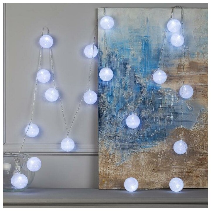 Гирлянда Нить 5 м с насадками Клубки белоснежные , IP20, прозрачная нить, 20 LED, свечение белое, 220 В