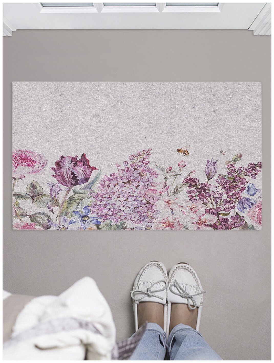 Коврик придверный в прихожую с принтом "Цветы акварелью" 45 на 75 см , JoyArty