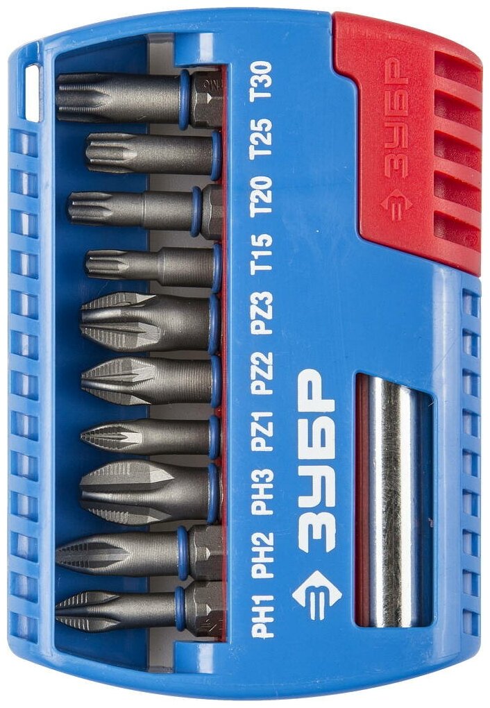 Набор бит ЗУБР с магнитным адаптером 11 шт Cr-Mo хвостовик 1/4 дюйма длина 25 мм торсионная зона система фикс