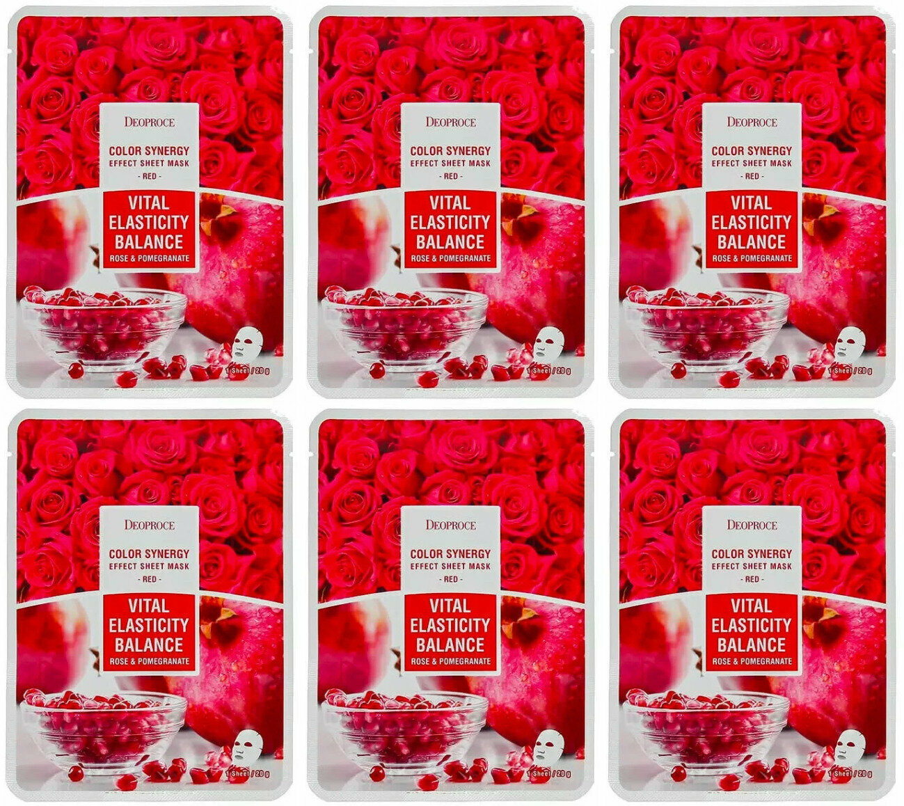 Deoproce Маска тканевая на основе гиалуроновой кислоты с экстрактом граната и лепестков роз COLOR SYNERGY EFFECT SHEET MASK RED 20гр,6 шт/уп