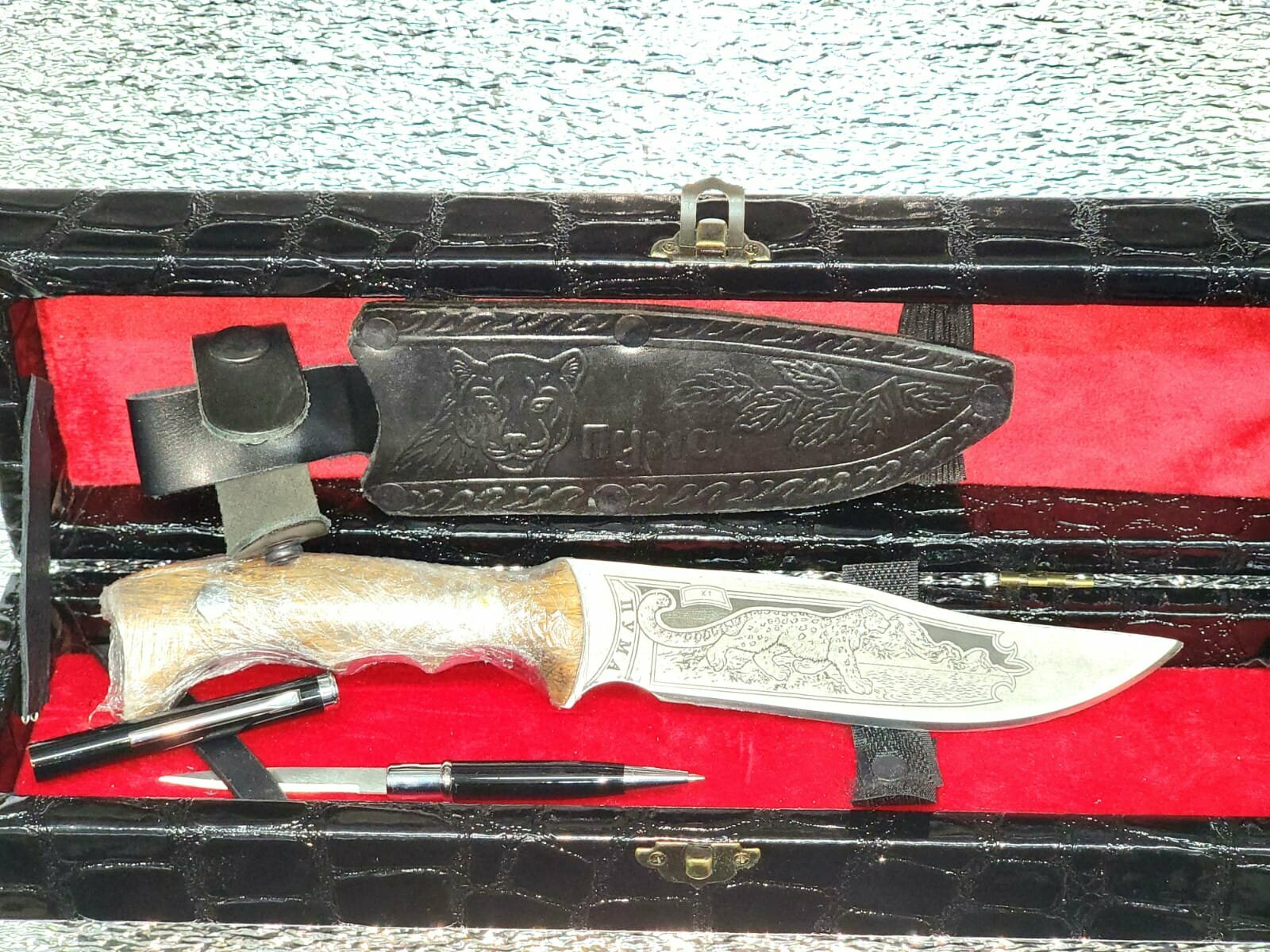 Нож туристический разделочный Кизляр Пума в чехле ножнах и подарочный черный кожаный футляр , ручка нож подарок